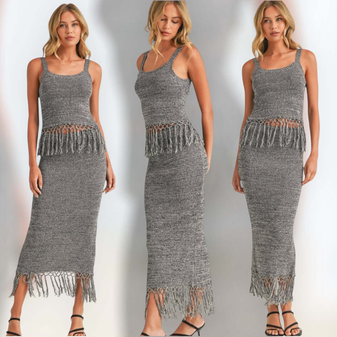 Black Fringe Knit Sweater Set – Two-Tone Long Sleeve & Skirt – Alicia DiMichele Boutique